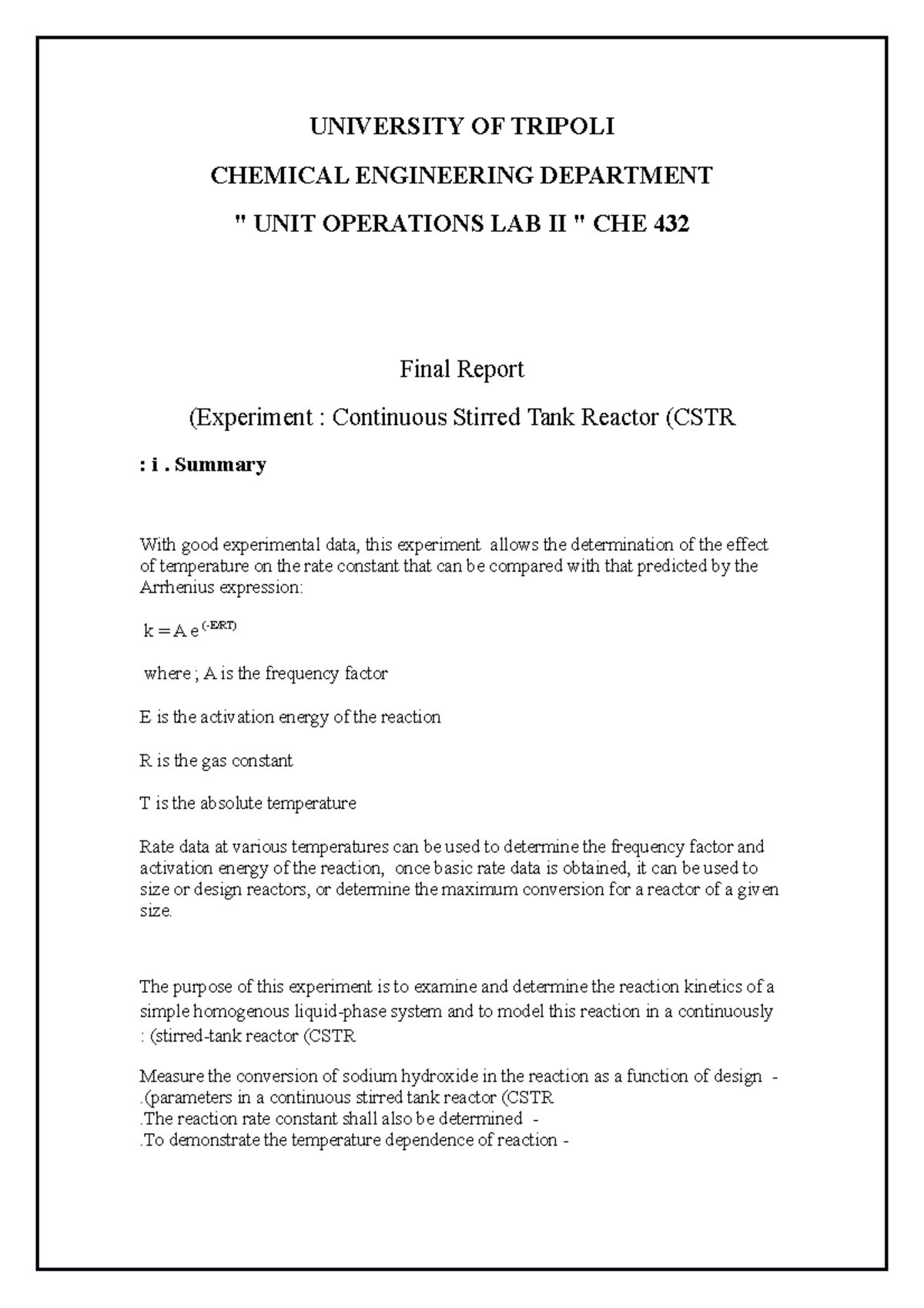 CSTR-new - نسخة - نسخة - Continuous Stirred Tank Reactor - UNIVERSITY ...