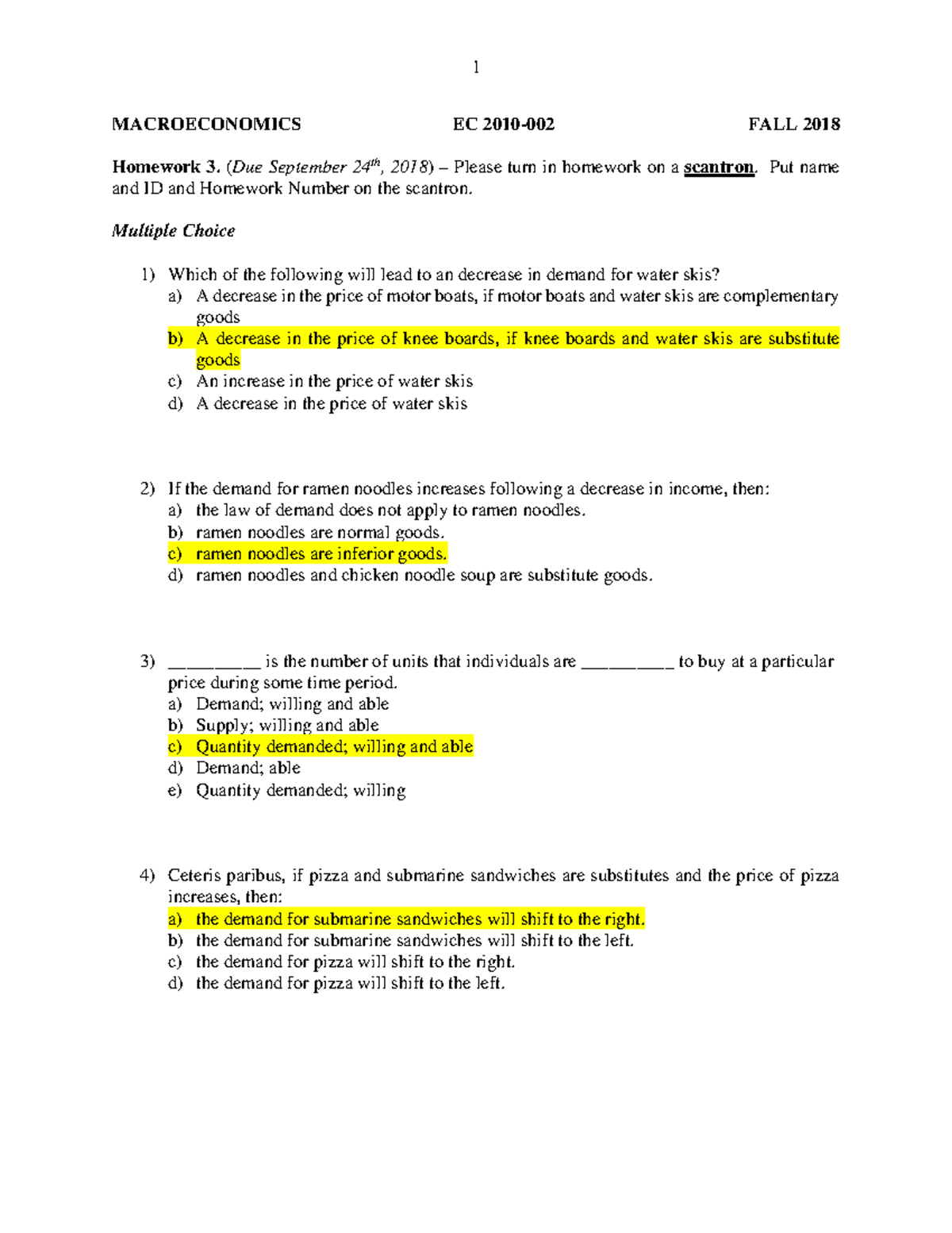 Macro - Homework 3 F18 Key - 1 MACROECONOMICS EC FALL 2018 Homework 3 ...
