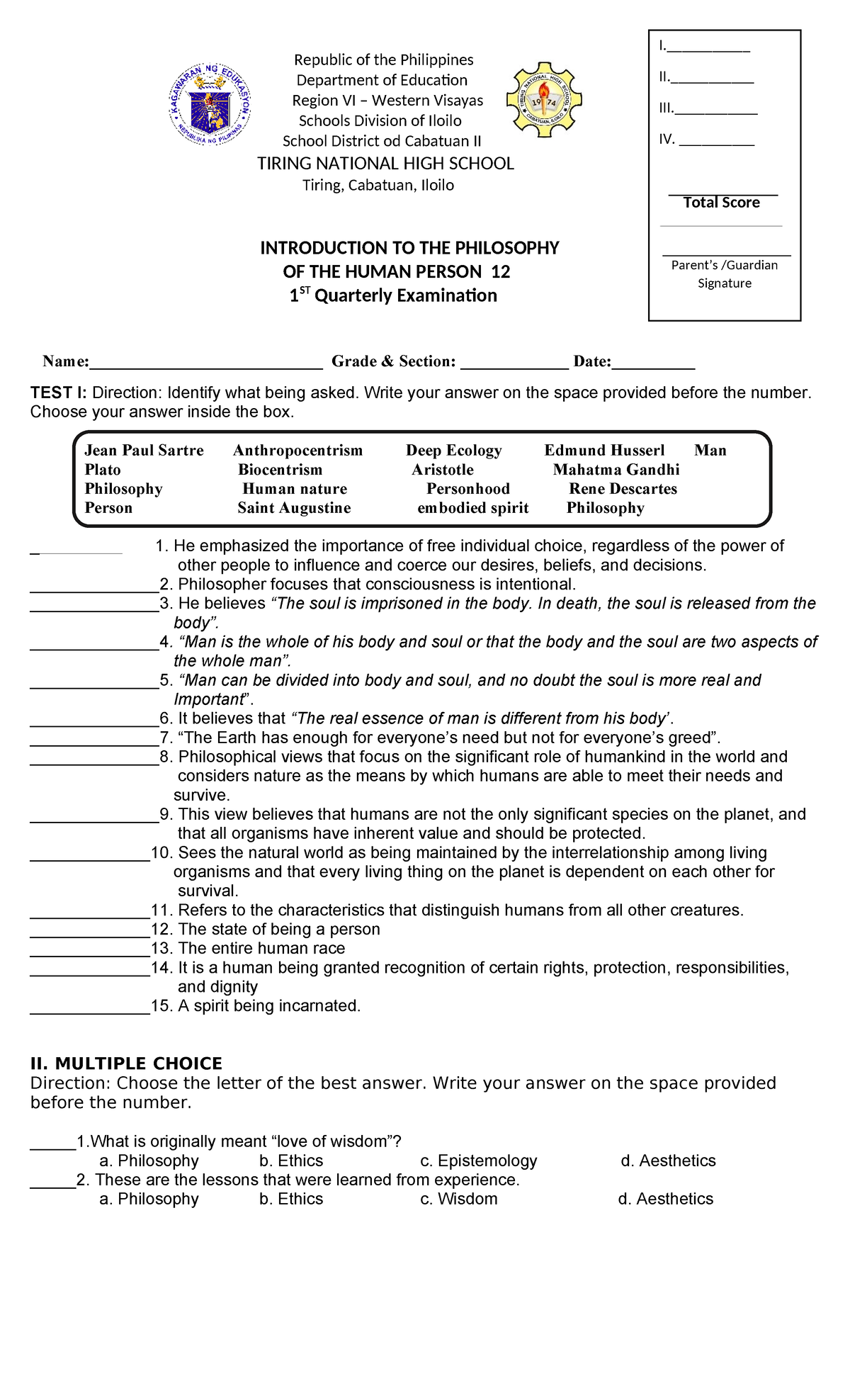 Grade 12 Philosophy - PRACTICE MATERIALS - Republic of the Philippines ...