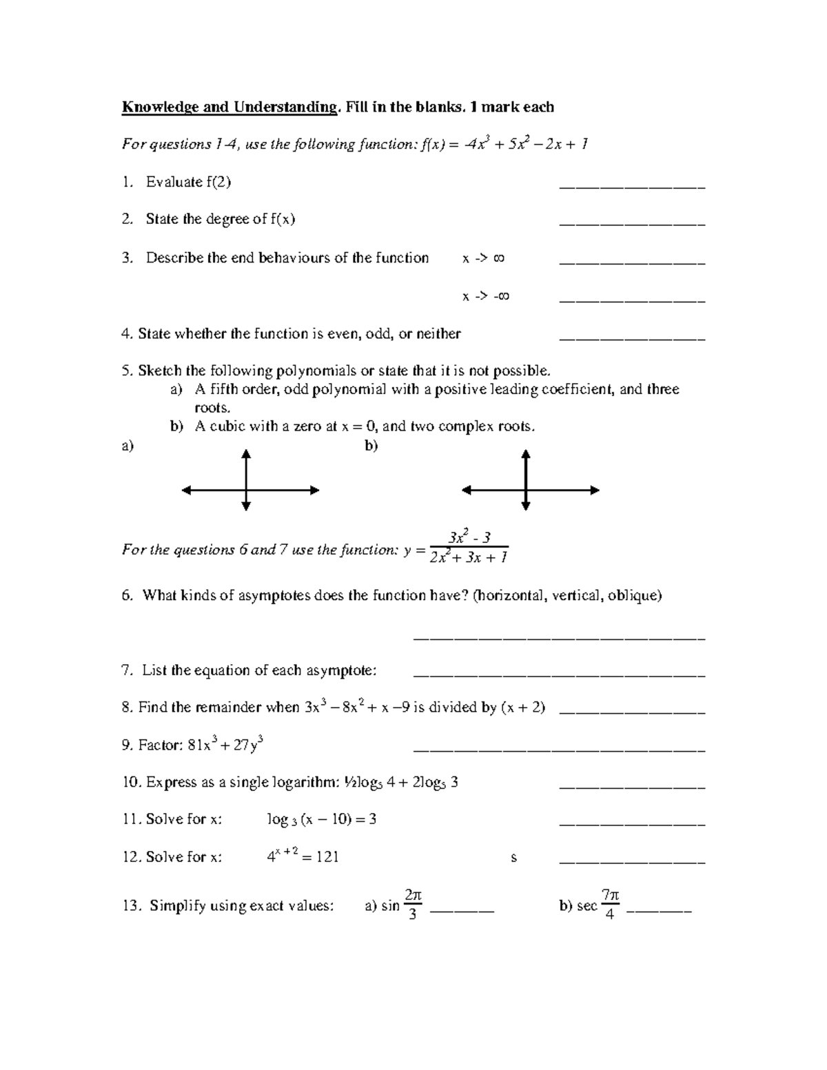 Practice exam - Knowledge and Understanding. Fill in the blanks. 1 mark ...