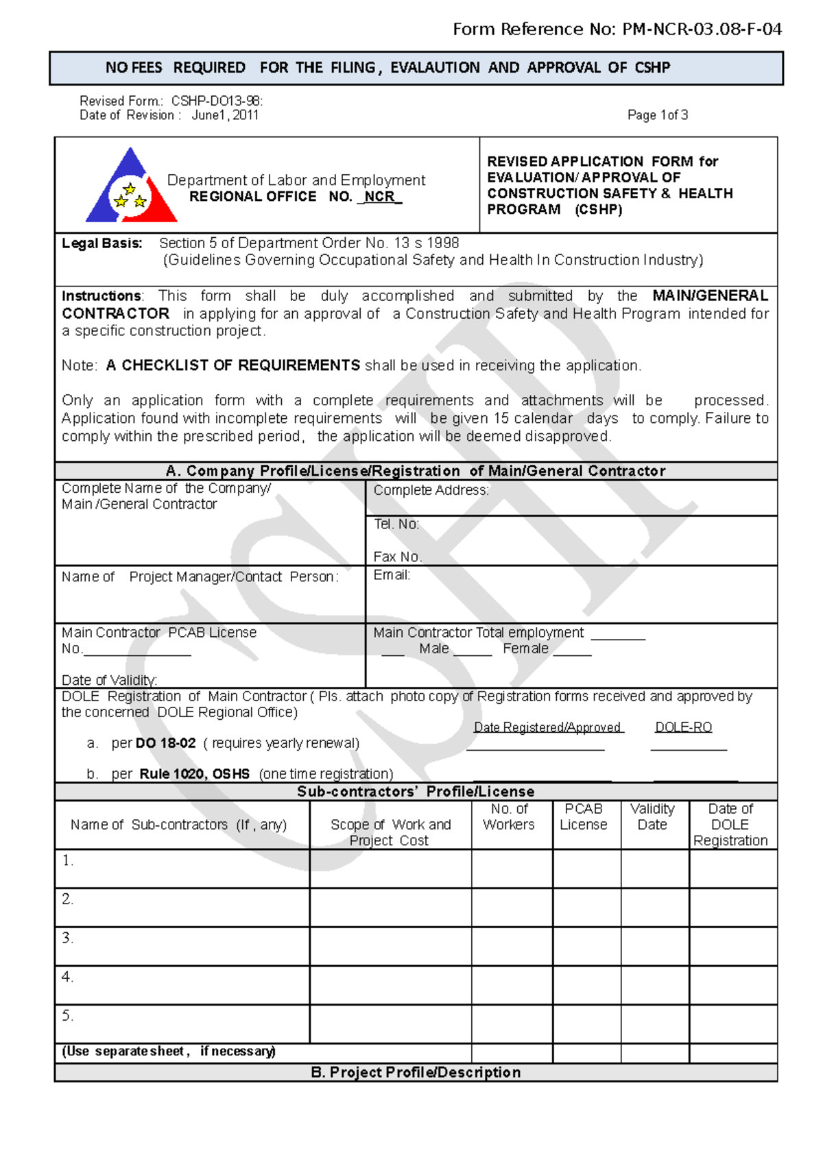 Comprehensive CSHP Application Form Form Reference No PM NCR 03 F