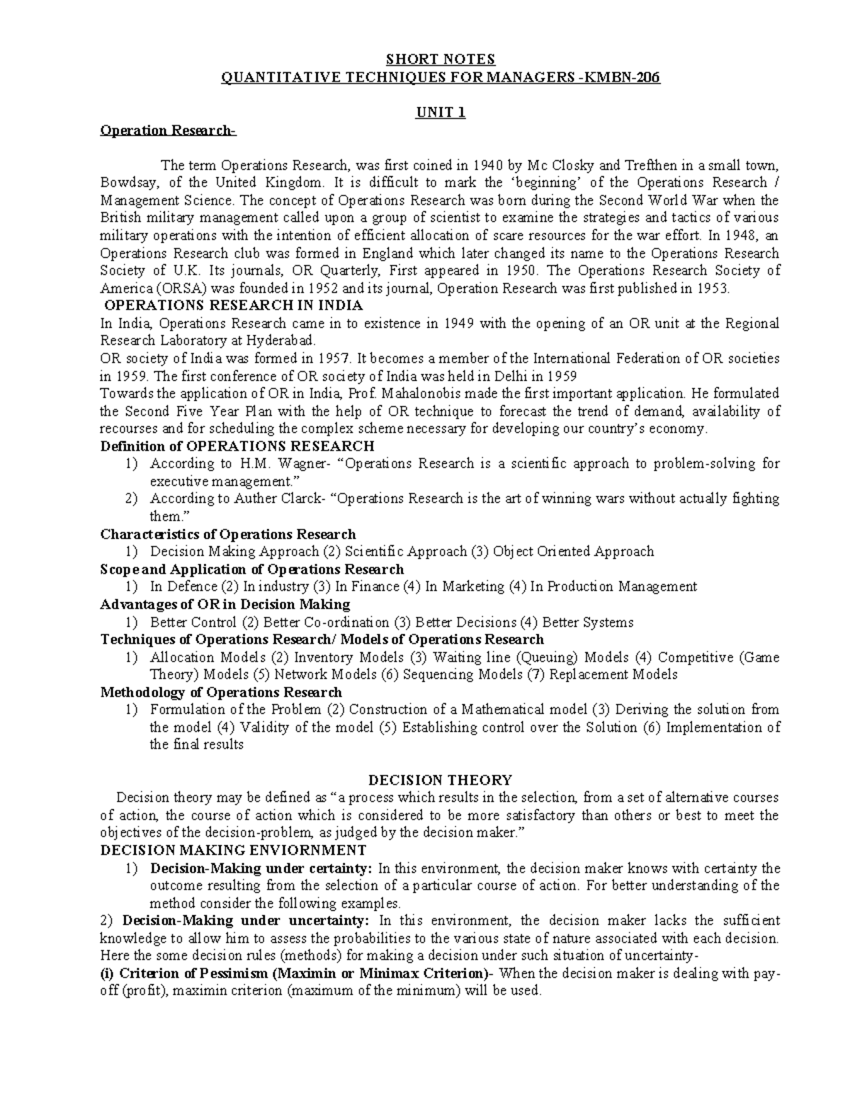 QTM KMBN 206 Short Notes - SHORT NOTES QUANTITATIVE TECHNIQUES FOR ...