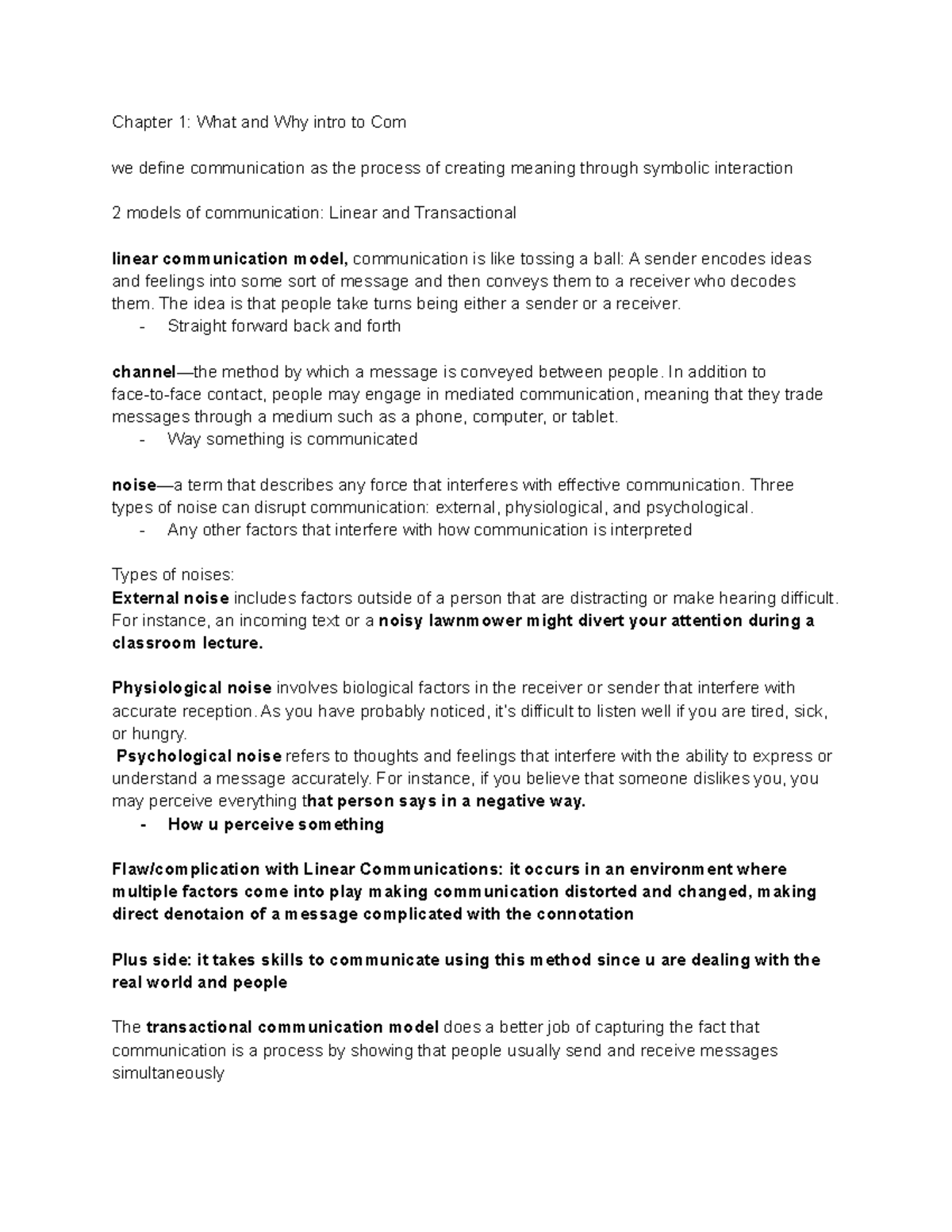 Coms notes - Com course Summary - Chapter 1: What and Why intro to Com ...