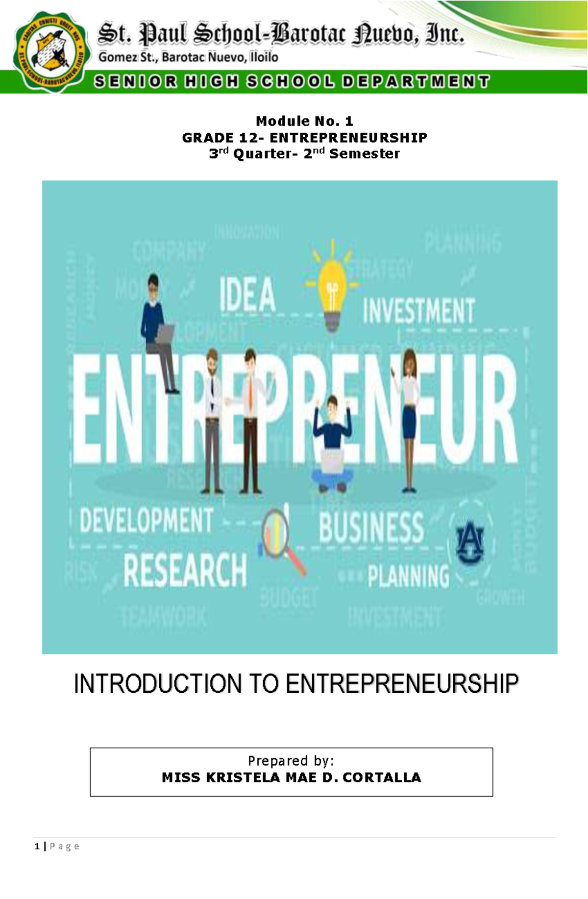 Entrep Module 1 - Module No. 1 GRADE 12- ENTREPRENEURSHIP 3 rd Quarter ...