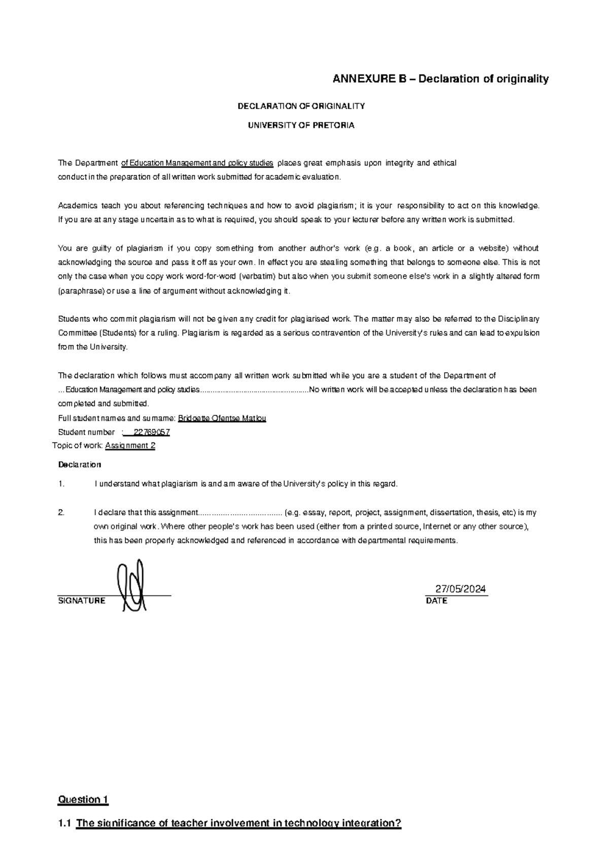 OPV Assinment 2 - ANNEXURE B – Declaration of originality DECLARATION ...