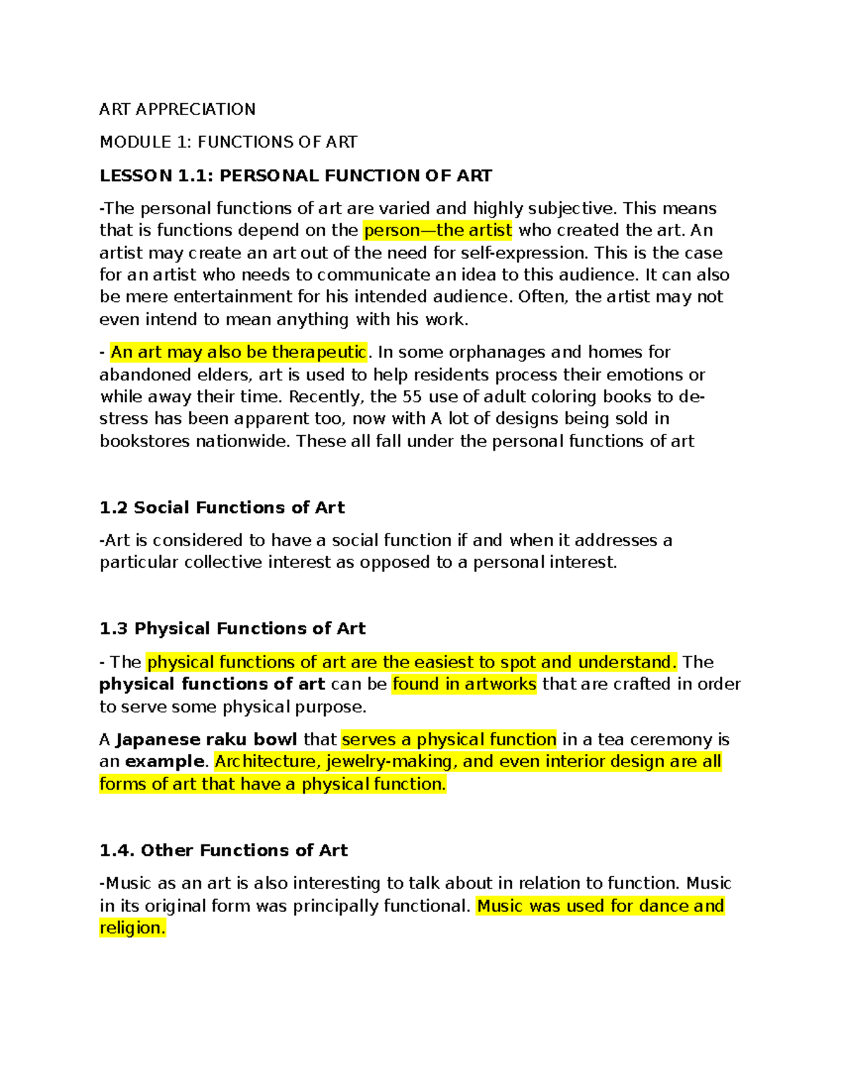 Art app - Emi - ART APPRECIATION MODULE 1: FUNCTIONS OF ART LESSON 1: PERSONAL FUNCTION OF ART ...