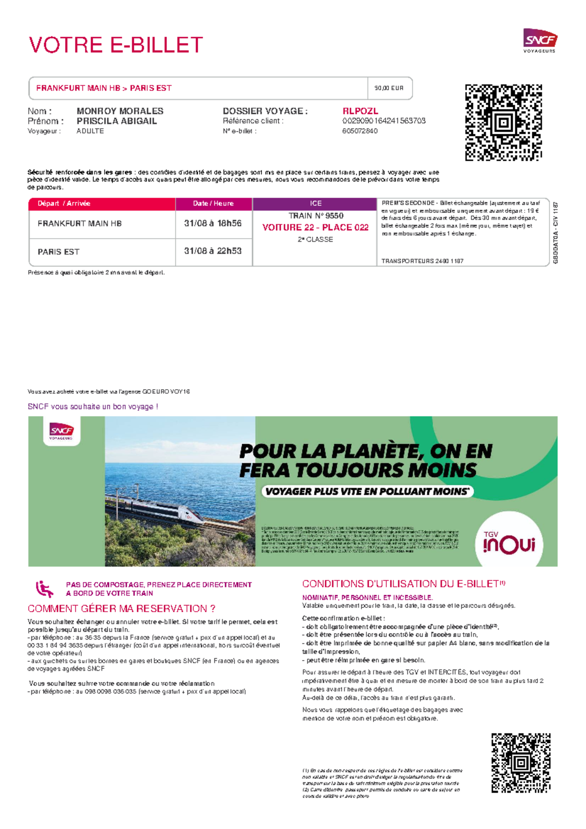 1-FRA- Paris - n/a - VOTRE E-BILLET CONDITIONS D’UTILISATION DU E-BILLET(1) Vous souhaitez ...