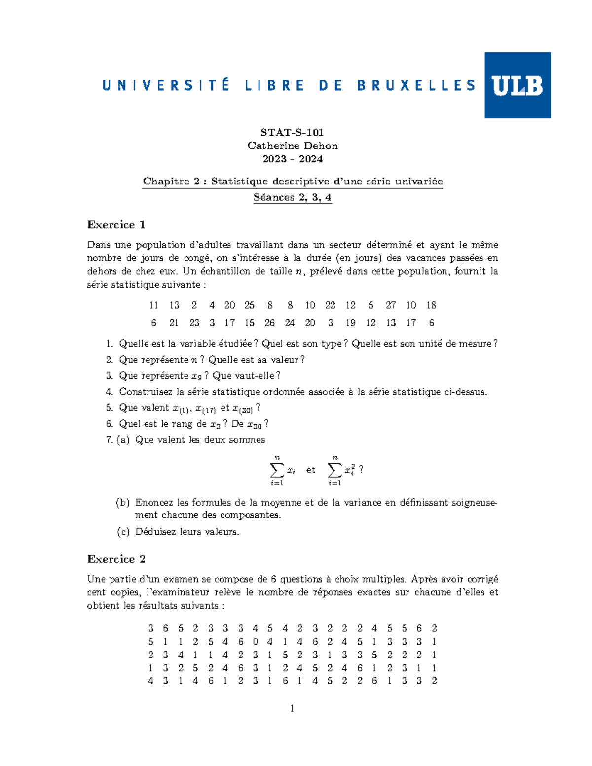 S234 Stats 101 - STAT-S- Catherine Dehon 2023 - 2024 Chapitre 2 ...