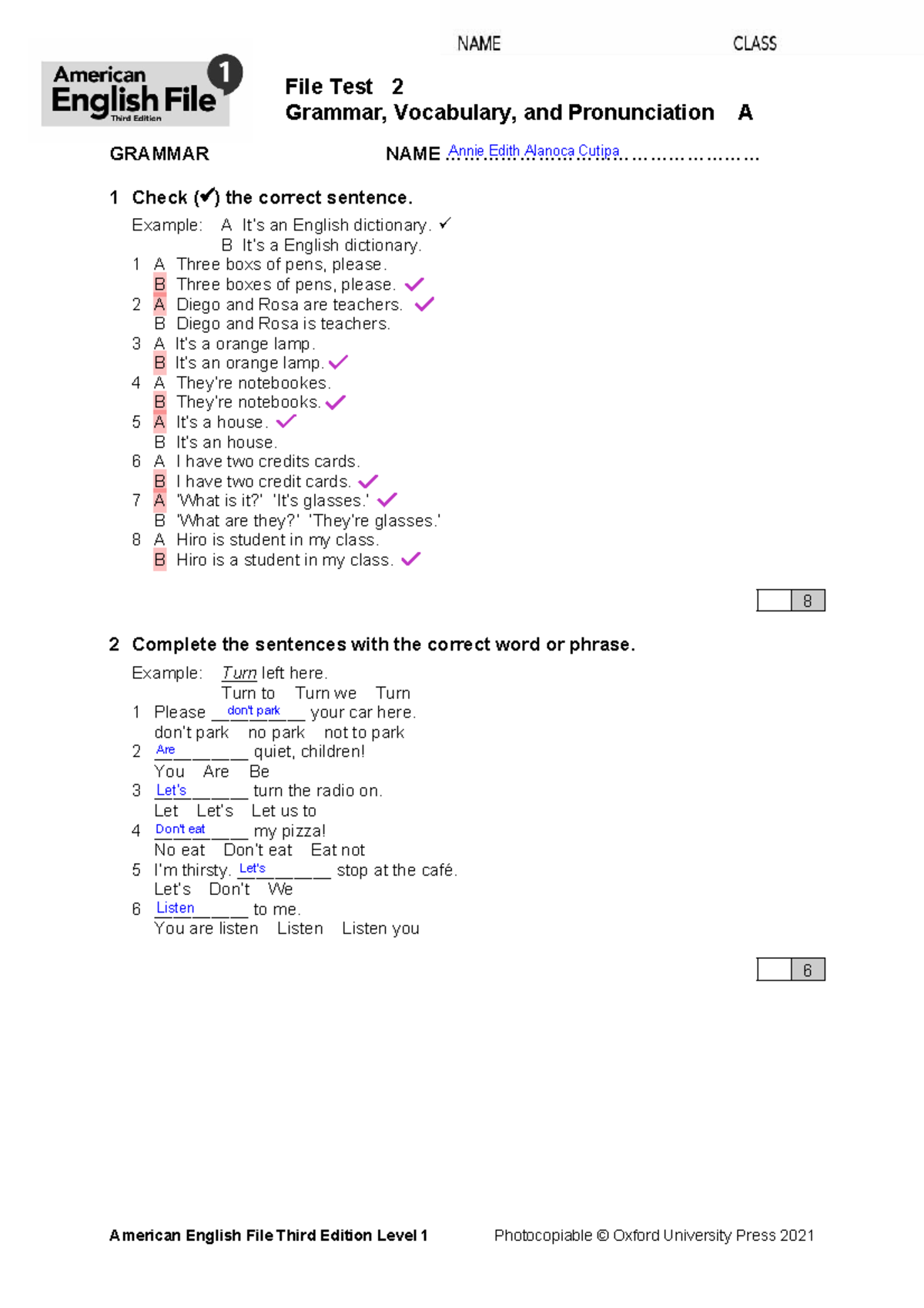 QUIZ 2 - quiz2 - Grammar, Vocabulary, and Pronunciation A GRAMMAR NAME ...