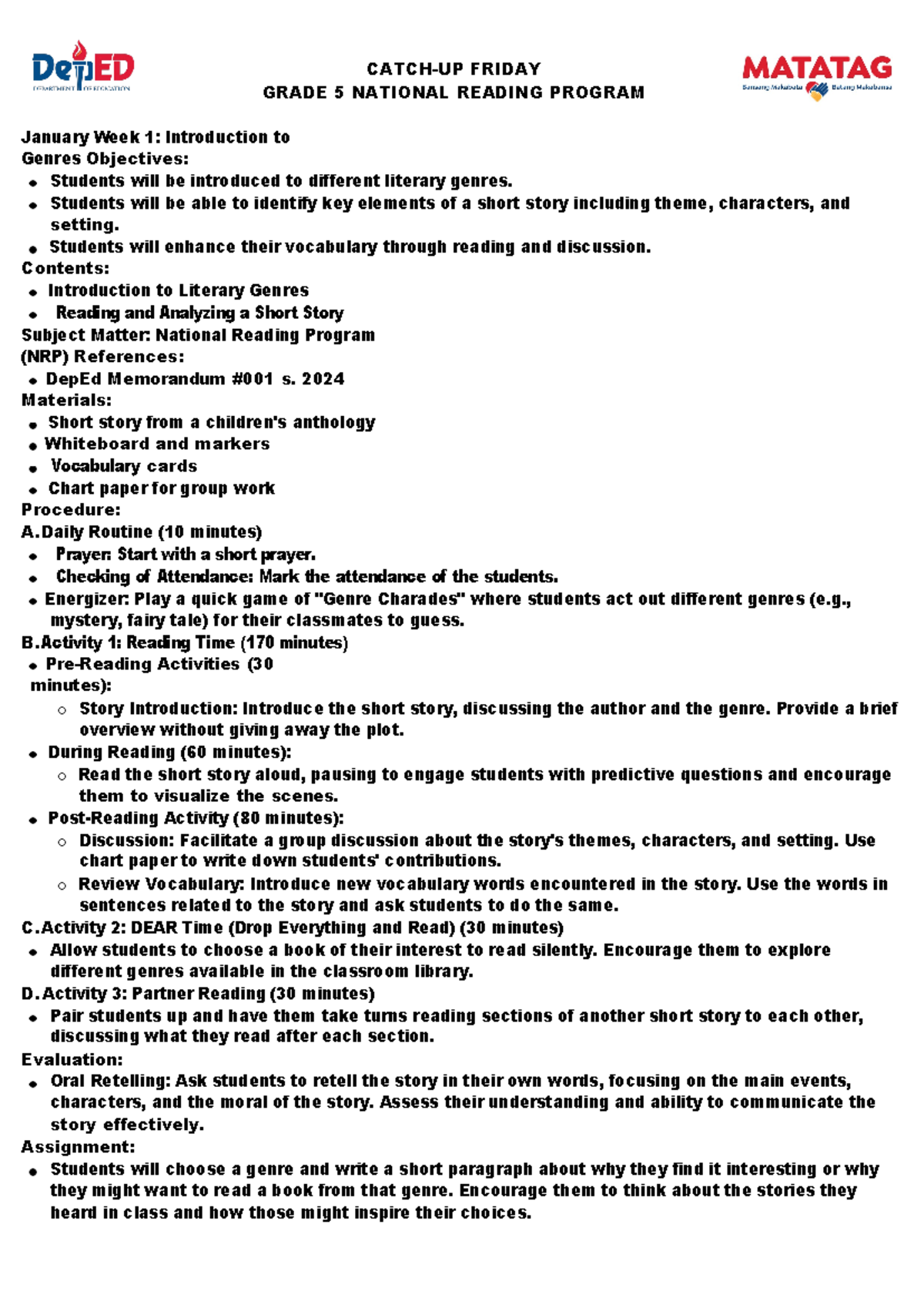 Grade 5 NRP - CATCH UP FRIDAYS -READING PROGRAM - GRADE 5 NATIONAL ...