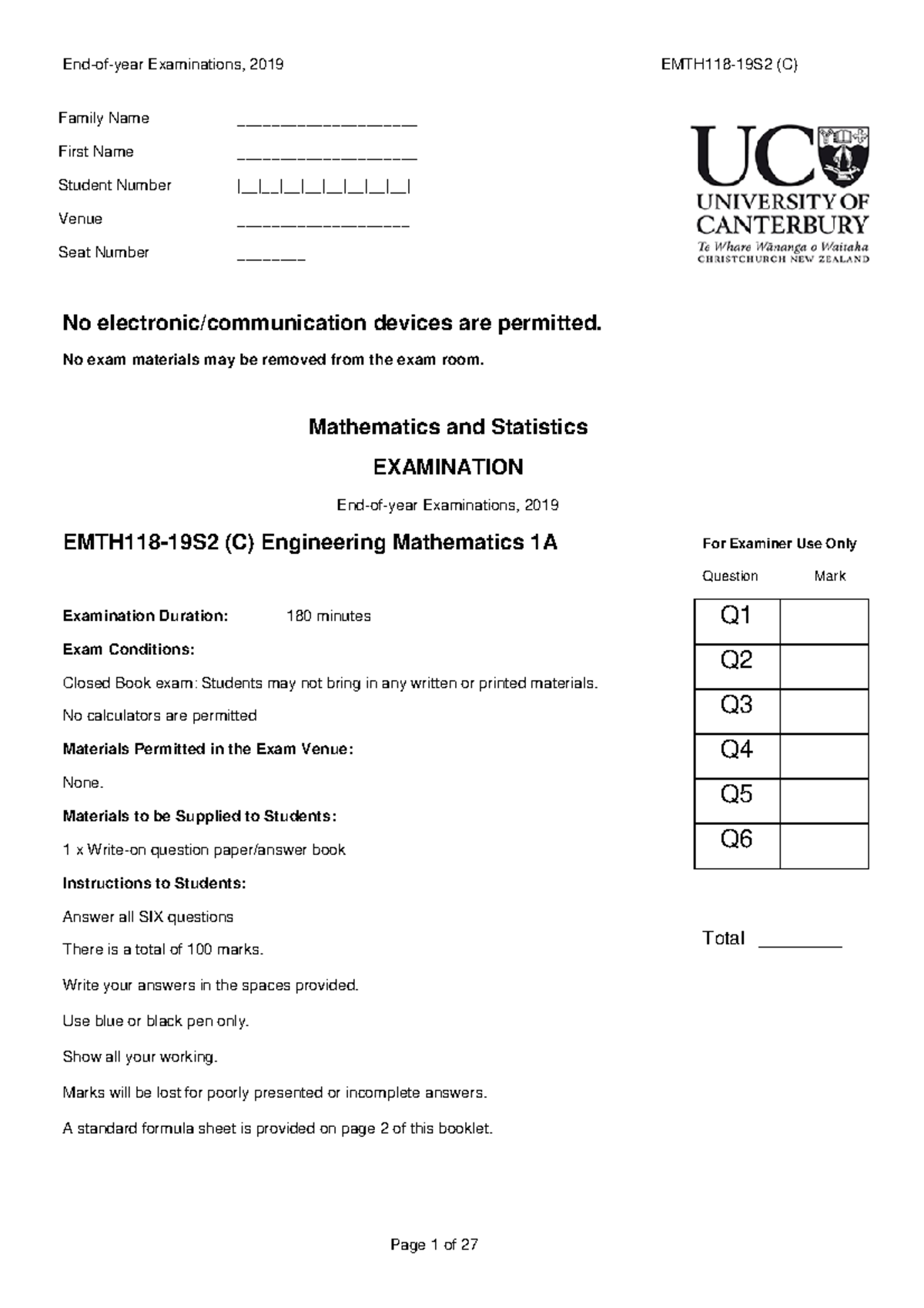 Emth118 19S2 exam master - Page 1 of 27 No electronic/communication devices are permitted. No ...