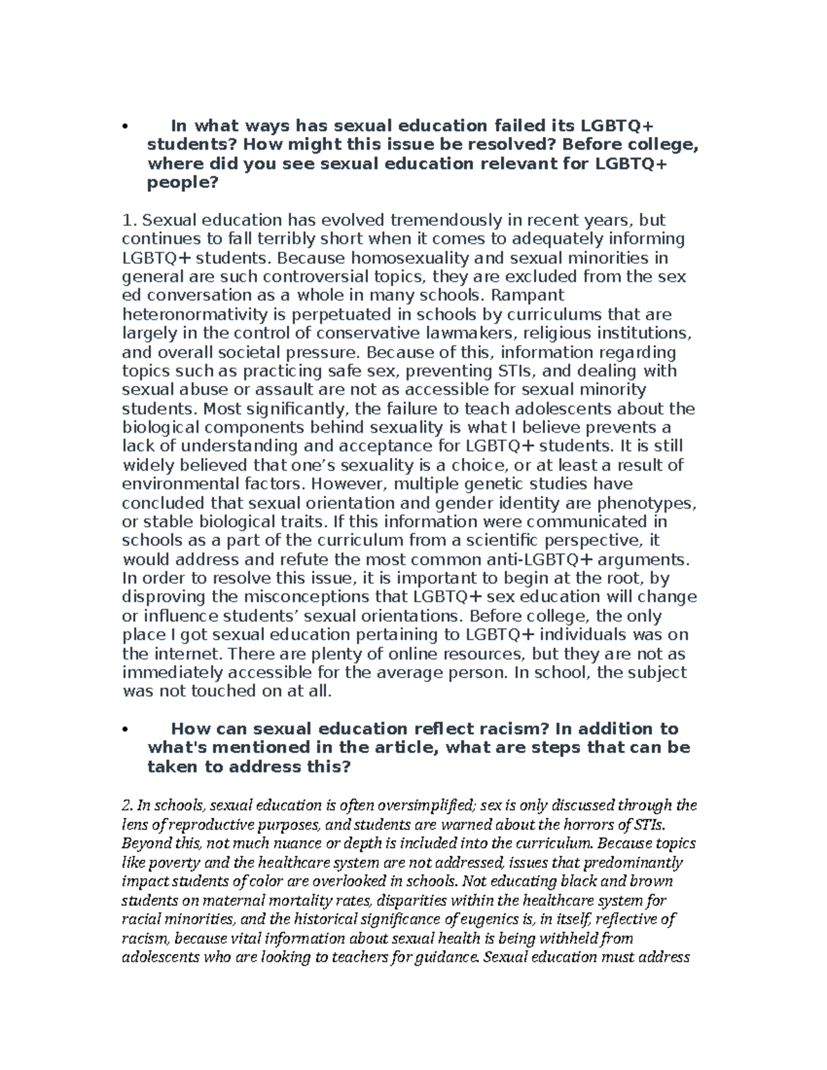 Human Sexuality; discussion 1 - In what ways has sexual education ...