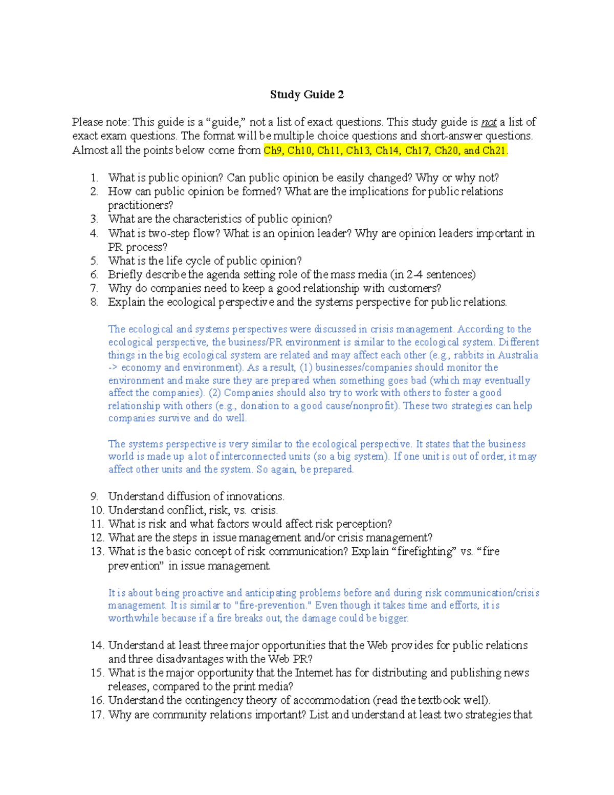 PR Study Guide Final Exam - Study Guide 2 Please note: This guide is a ...