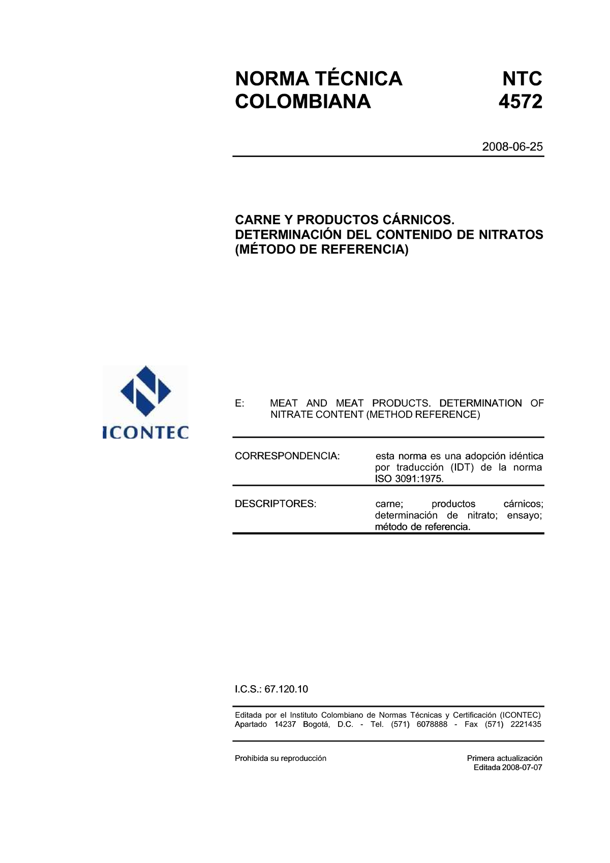 Norma Tecnica NTC Colombiana 4572-nitratos- ISO 3091 - NORMANORMA TÉCNICATÉCNICA NTCNTC - Studocu