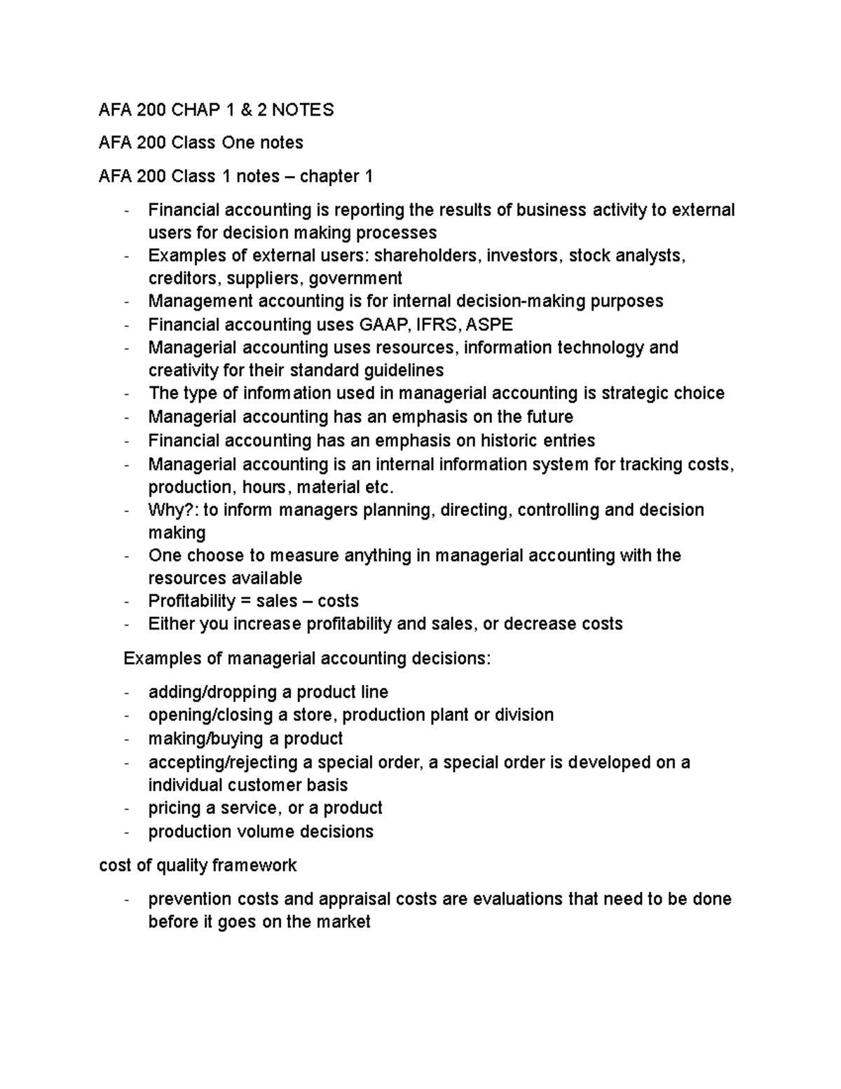 AFA 200 CHAP 1 and 2 - n/a - AFA 200 CHAP 1 & 2 NOTES AFA 200 Class One ...