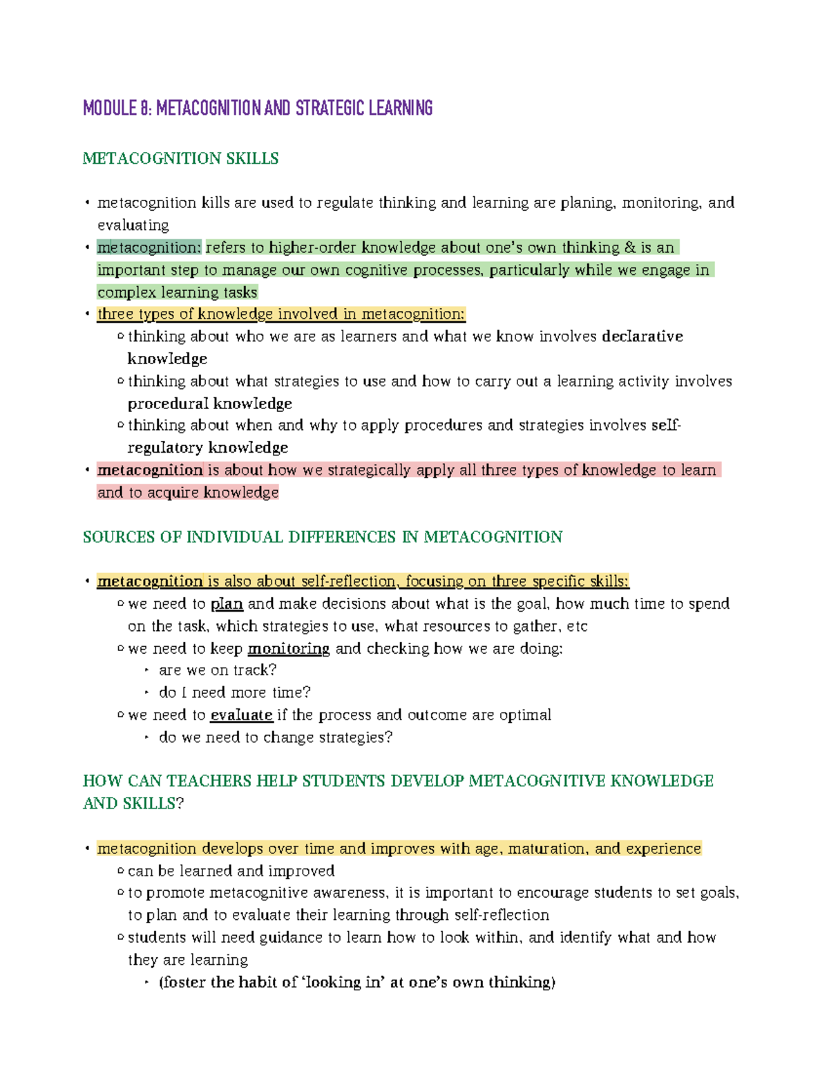 Module 8 - notes - EDUC 210 - MODULE 8: METACOGNITION AND STRATEGIC ...