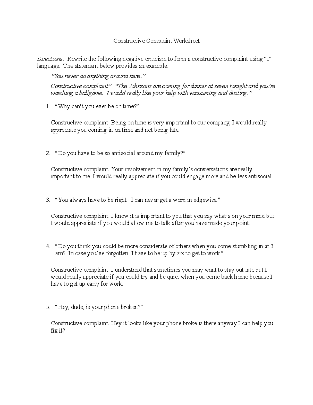 Constructive Complaint Worksheet - Constructive Complaint Worksheet ...