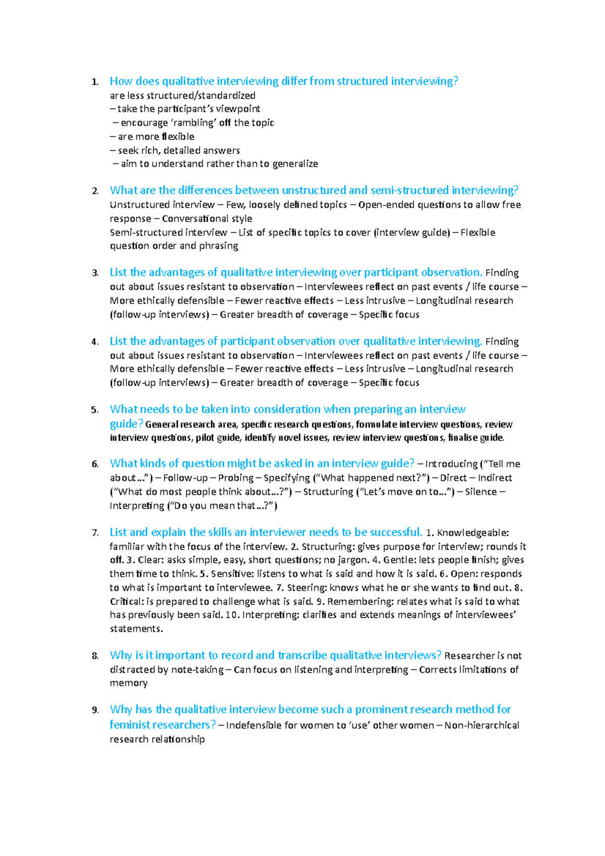 Possible test questions test 4 - 1. How does qualitative interviewing ...