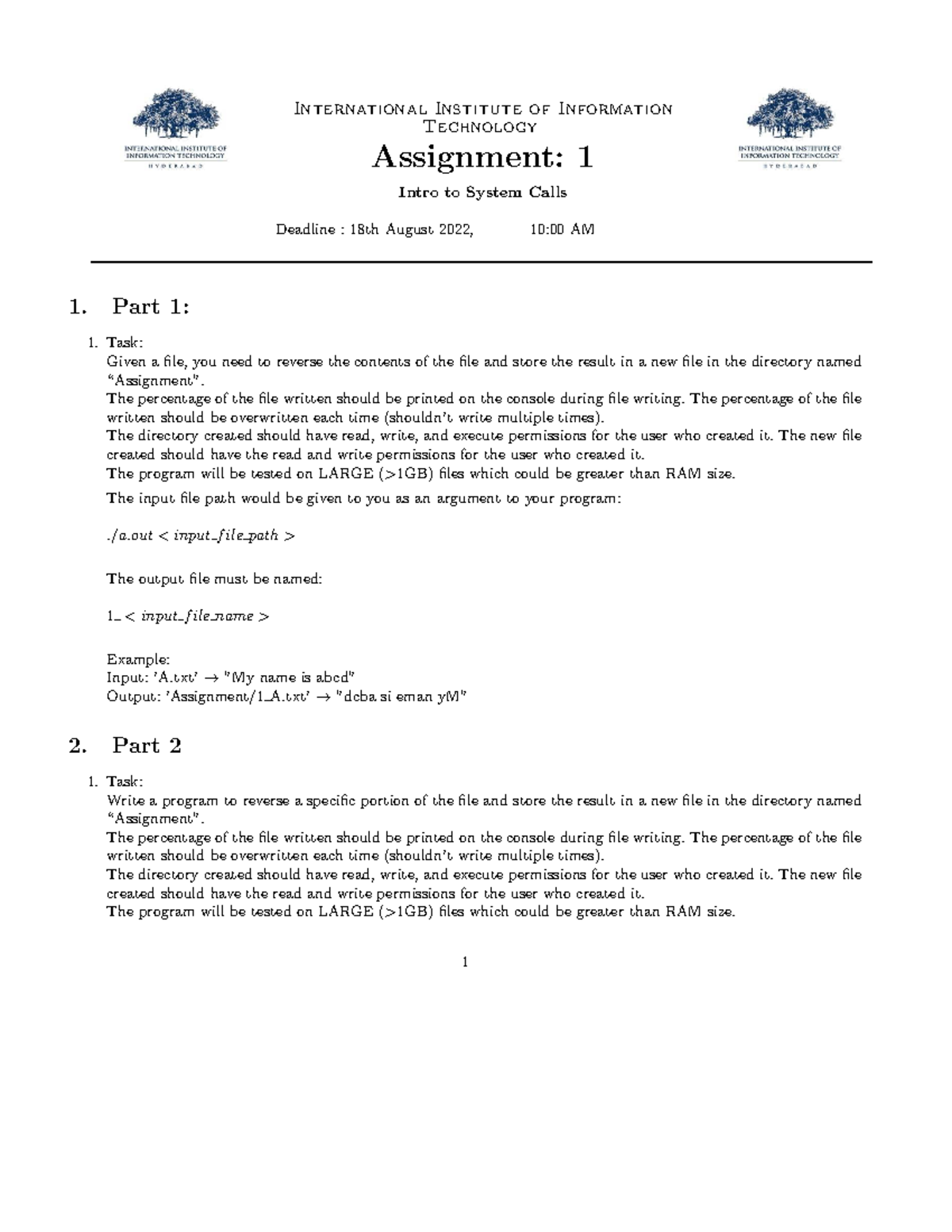 Asgn1 - premji - International Institute of Information Technology Assignment: 1 Intro to System ...