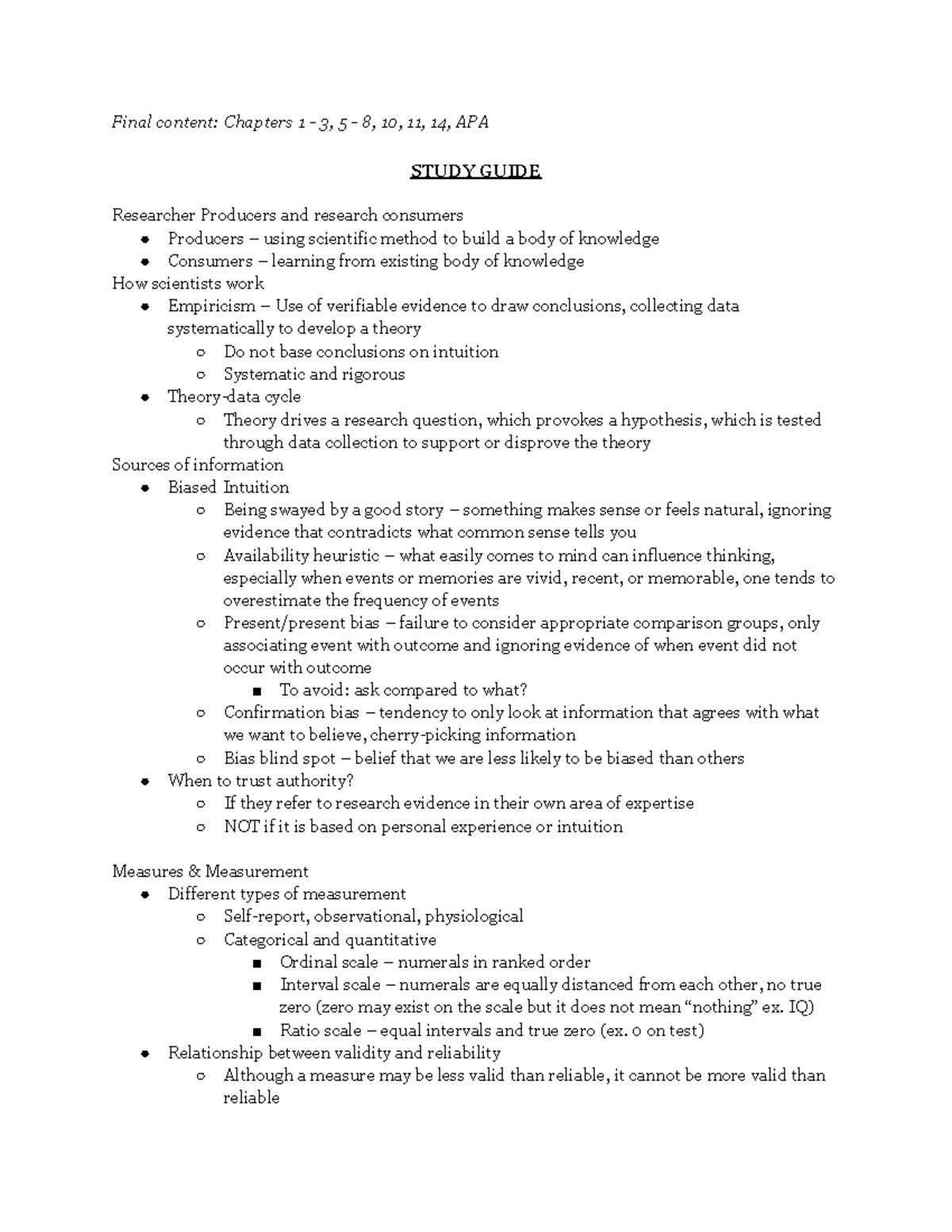Research Final Study Guide - Final content: Chapters 1 - 3, 5 - 8, 10 ...