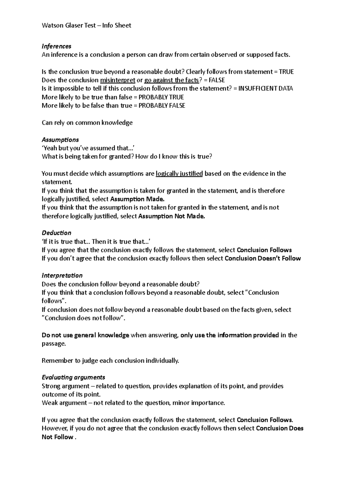 Watson Glaser Test information sheet - Watson Glaser Test – Info Sheet ...