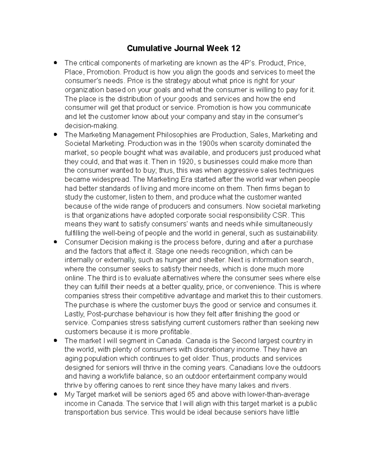 Cumulative Journal Week 12 - Product, Price, Place, Promotion. Product ...