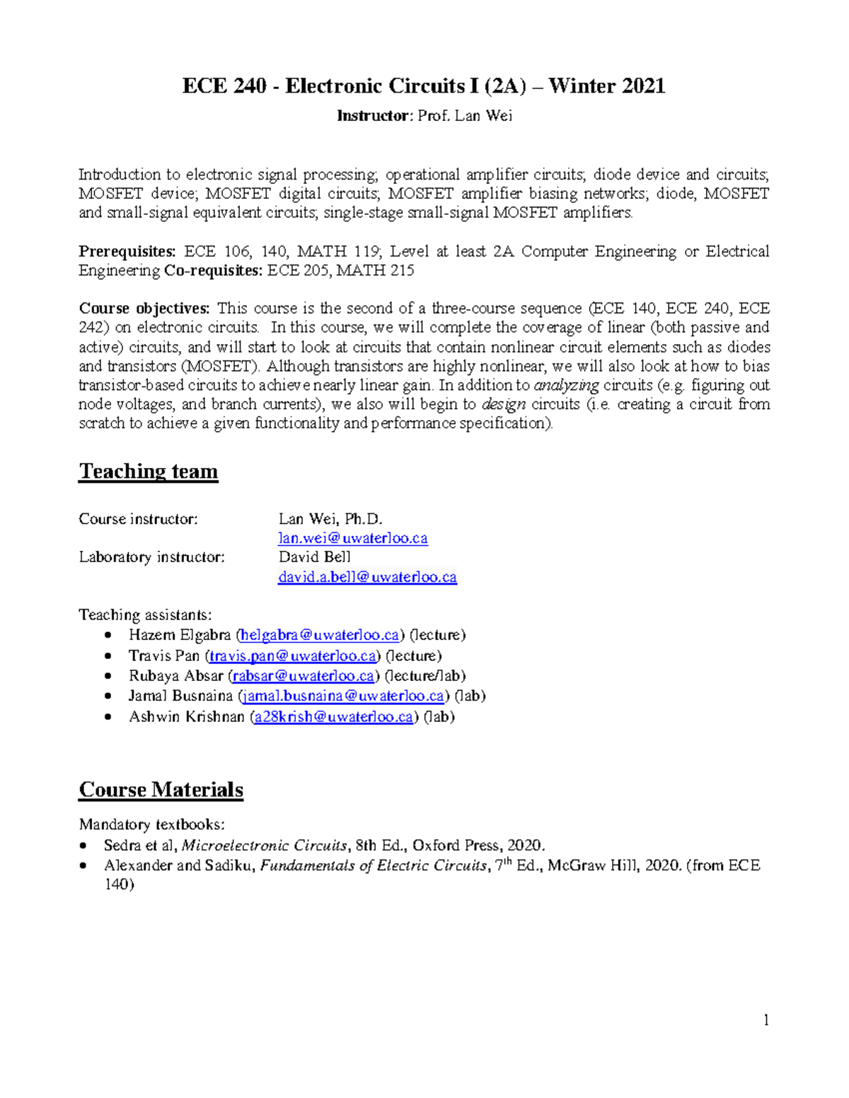 ECE 240 Course Outline - ECE 240 - UWaterloo - Studocu