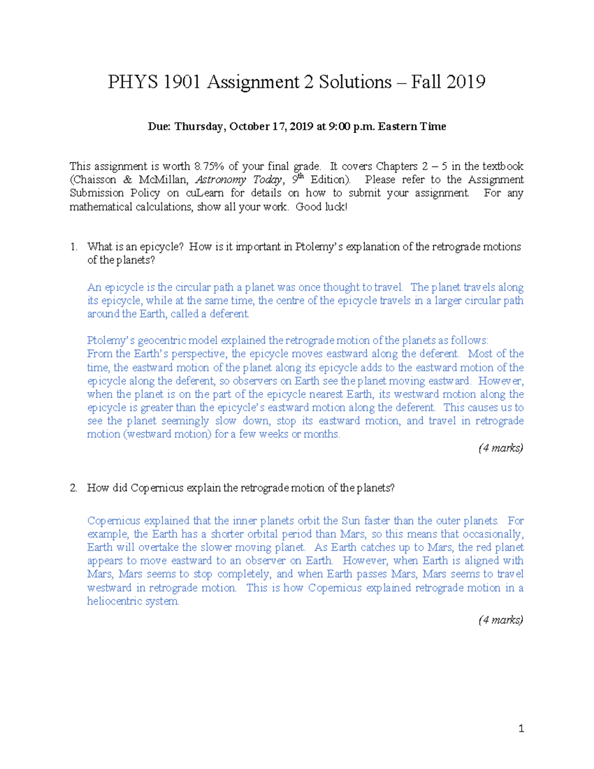 PHYS 1901 F2019 Assignment 2 Solutions - PHYS 1901 Assignment 2 ...