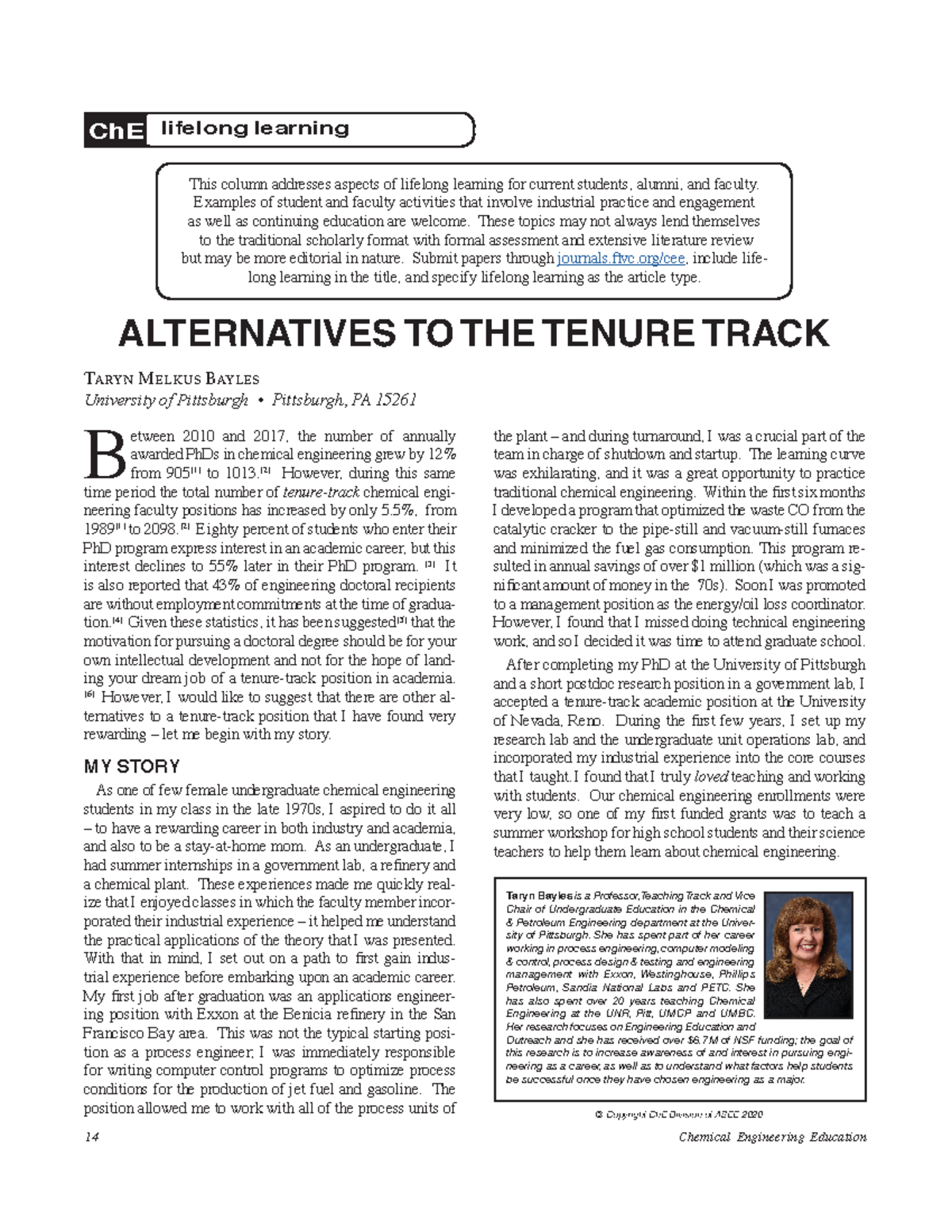 Alternatives TO THE Tenure Track - 14 Chemical Engineering Education ...