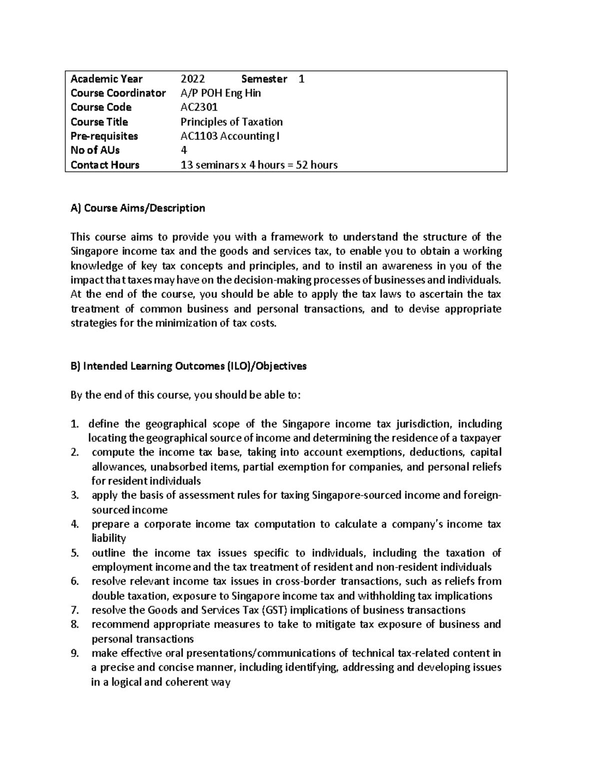 AC2301 course outline - =- Academic Year 2022 Semester 1 Course ...