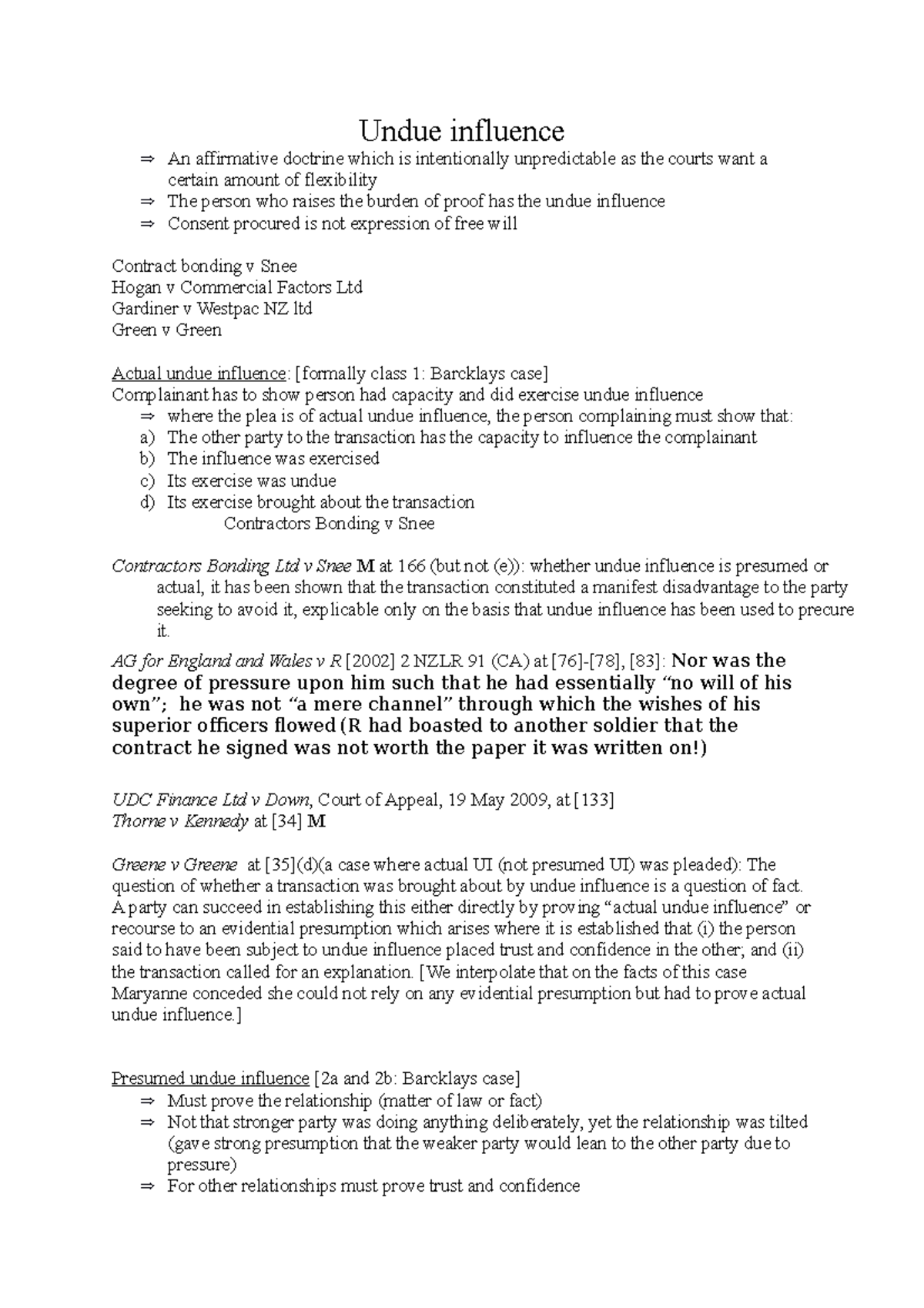 Undue Influence cheat sheet - Undue influence An affirmative doctrine ...