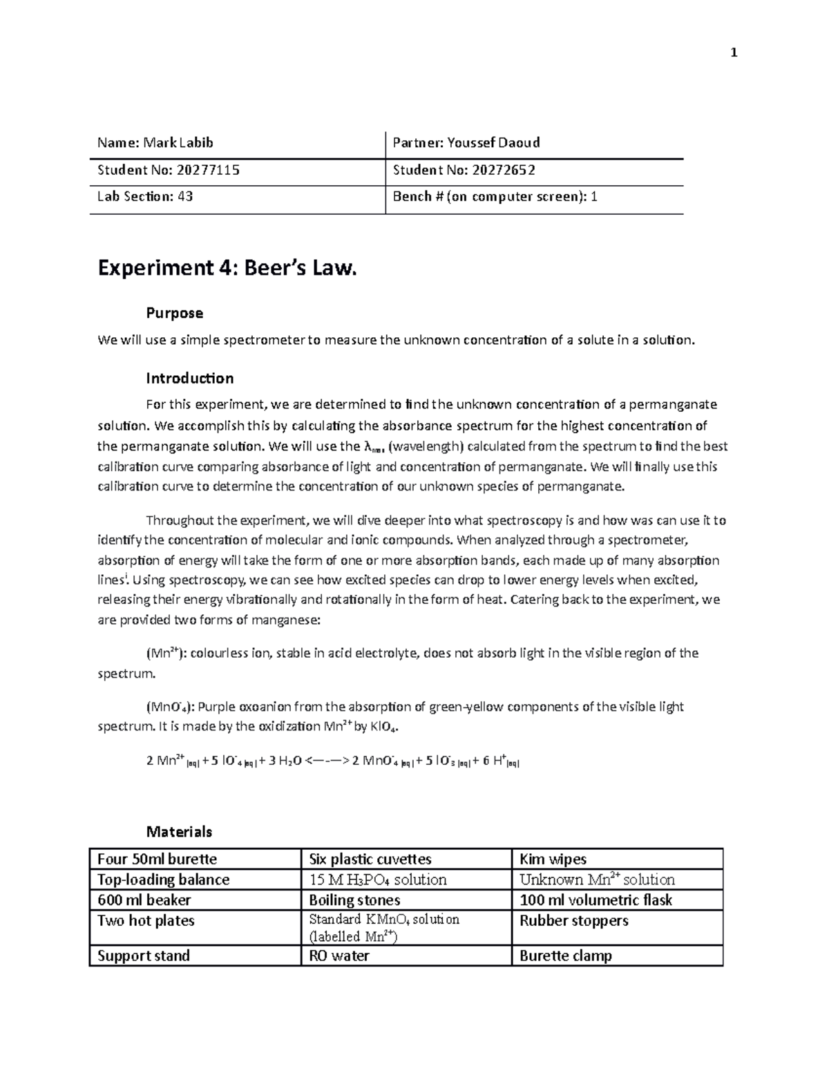 Beers Law Lab labyrinth lab lab labibibiii - Name: Mark Labib Partner ...