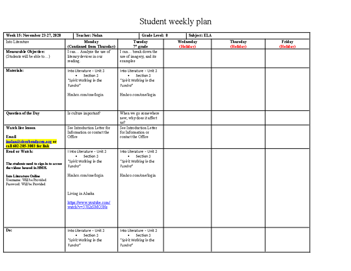 ELA+8th Student+Weekly+Plan Nolan+1123-1127 - Week 15: November 23-27 ...