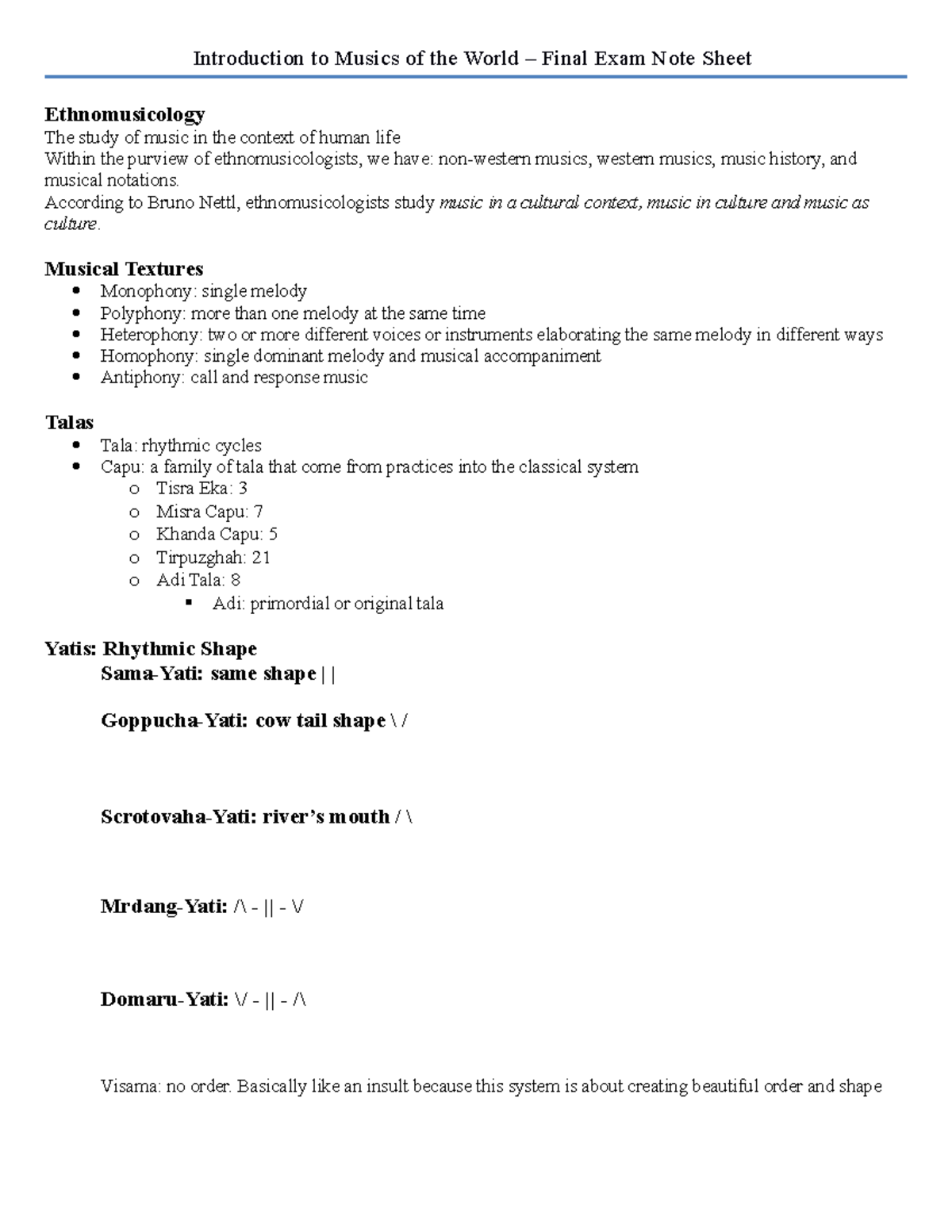 Final Exam Music Note Sheet - Introduction to Musics of the World ...