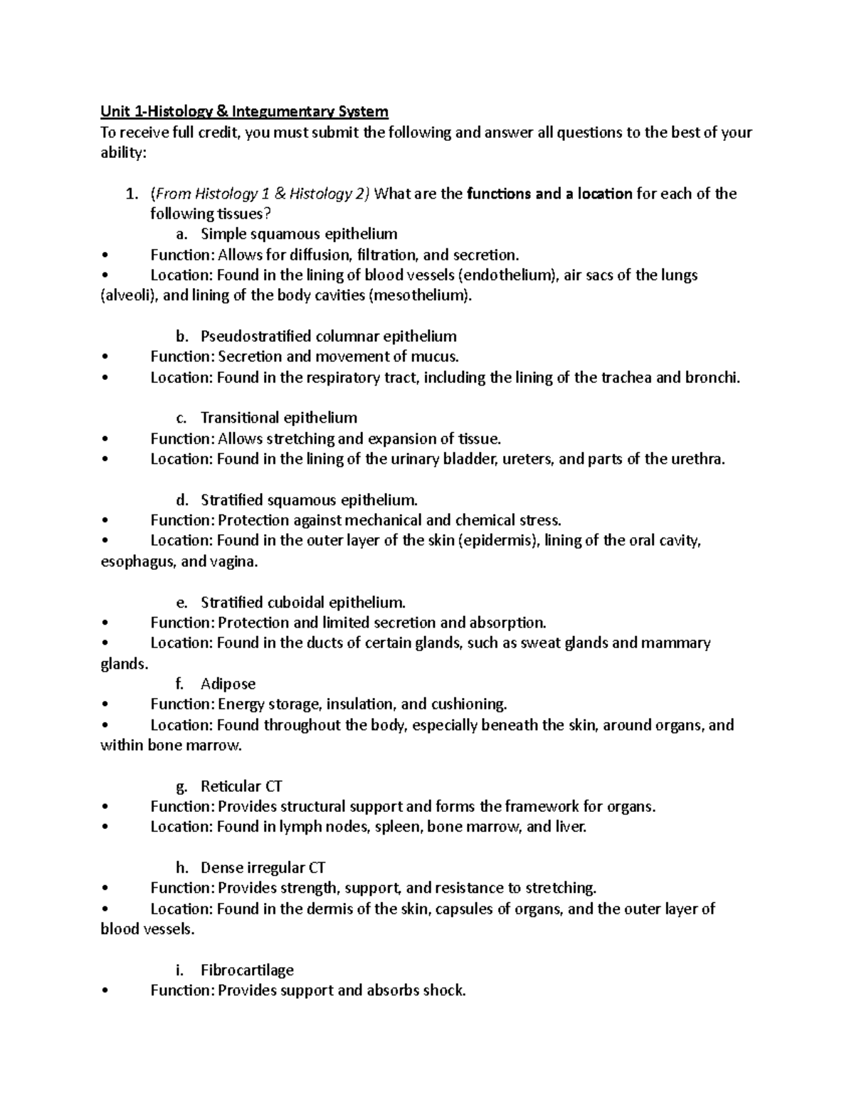 Unit1 Histology Integumentary (1) - Unit 1-Histology & Integumentary ...