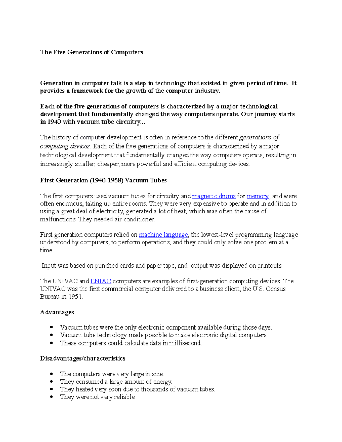 Generations of Computers 2 - The Five Generations of Computers ...