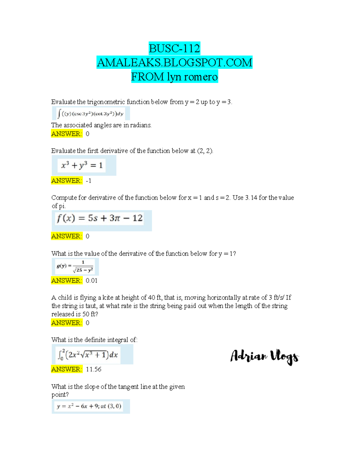 BUSC-112 - Basic Calculus - BUSC- AMALEAKS.BLOGSPOT FROM lyn romero Evaluate the trigonometric ...
