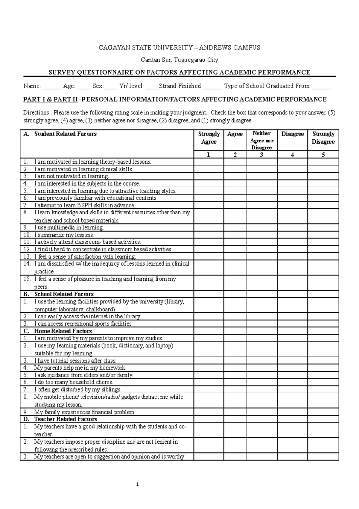 Research Questionnaire For Factors Associated With Academic Performance