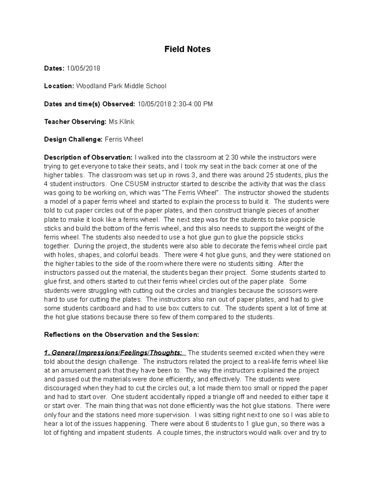 Field Notes #2 in classroom - Field Notes Dates: 10/05/2018 Location ...