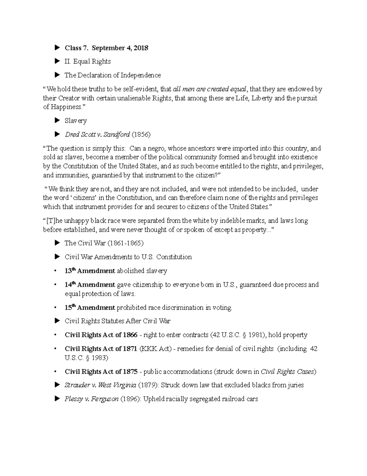 Equal Rights (Outline) - Class 7. September 4, 2018 II. Equal Rights ...