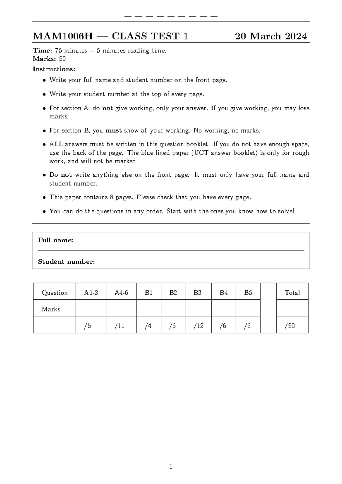 Class Test 1 - MAM1006H — CLASS TEST 1 20 March 2024 Time: 75 minutes ...