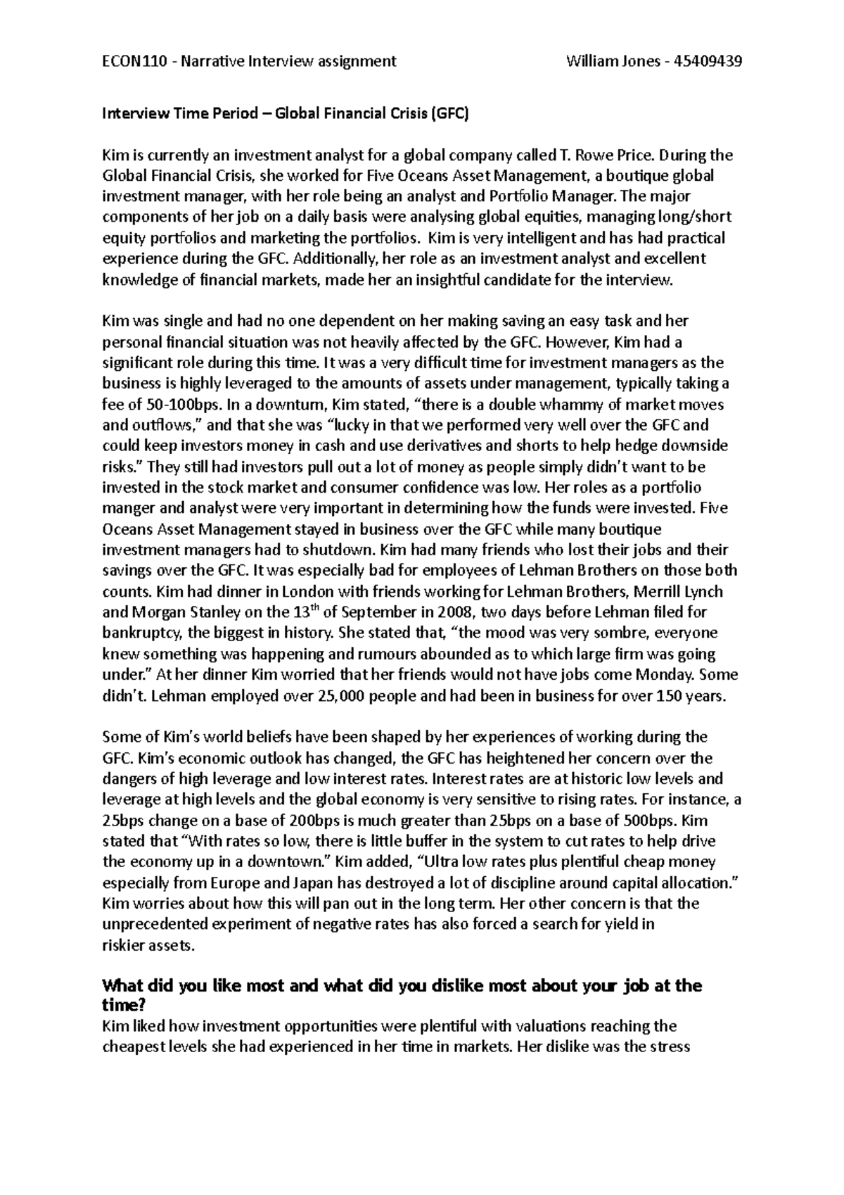 Narrative interview assingment - Will Jones - ECON110 - Narrative ...