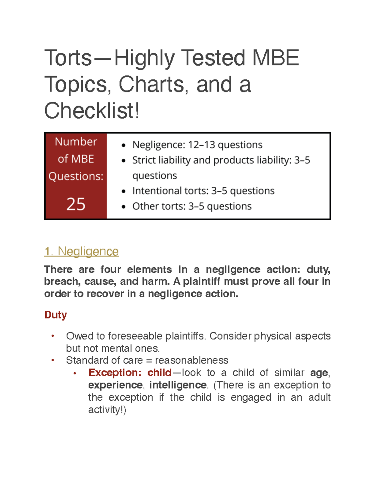 Torts Chart - Torts—Highly Tested MBE Topics, Charts, and a Checklist ...
