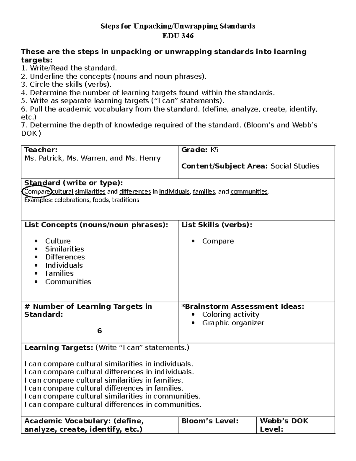 Partner Unpacking - Steps for Unpacking/Unwrapping Standards EDU 346 ...
