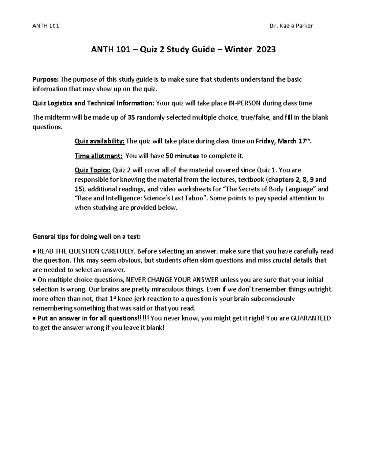 ANTH 101 - Quiz 2 Study Guide - Winter 2023 - ANTH 101 – Quiz 2 Study Guide – Winter 2023 ...