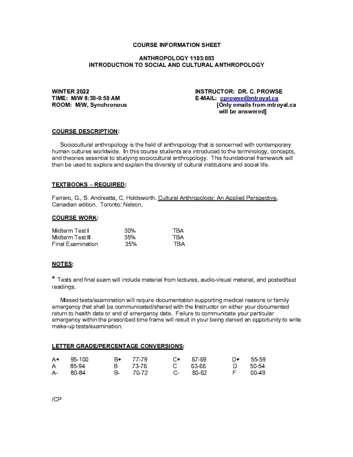 ANTH 1103 003 Course Info Sheet W 2022 Course Outline for 2002022 ...