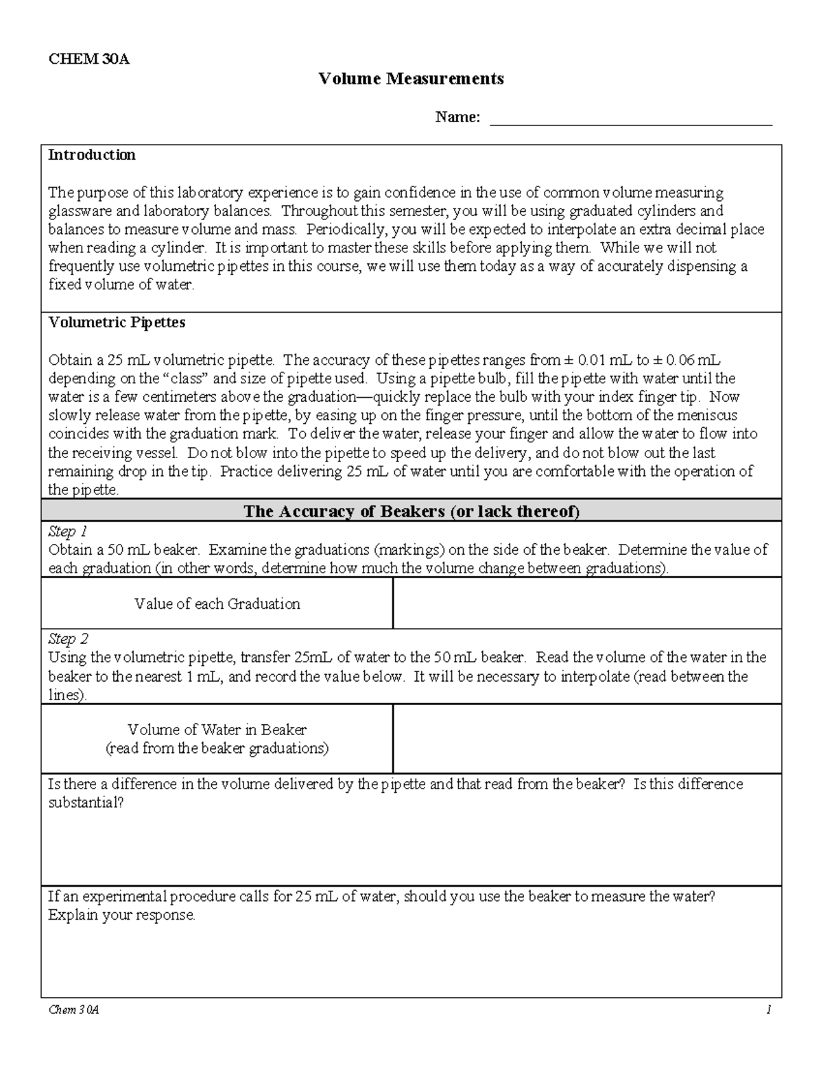 Volume Measurement Lab v1 - CHEM 30A Volume Measurements Name