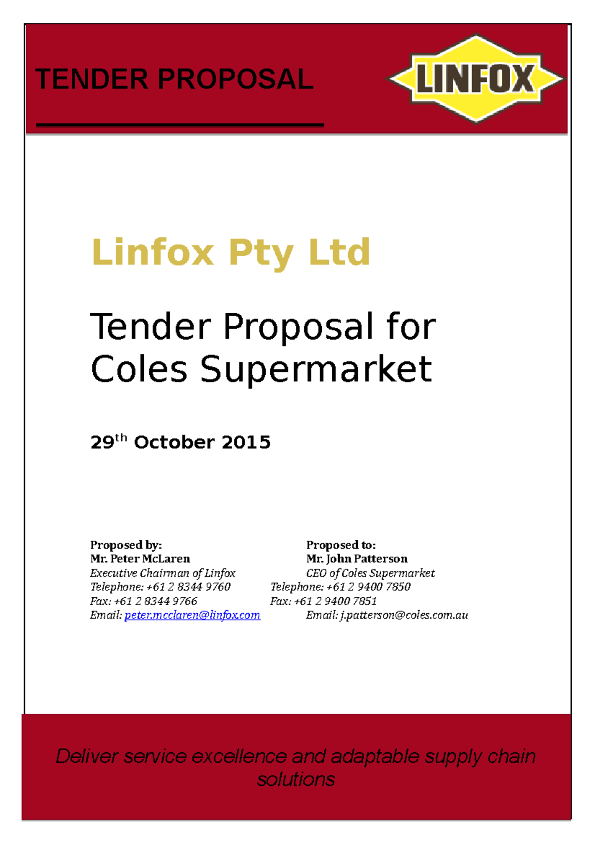 Group Assignment Example 2 - TENDER PROPOSAL Linfox Pty Ltd Tender ...