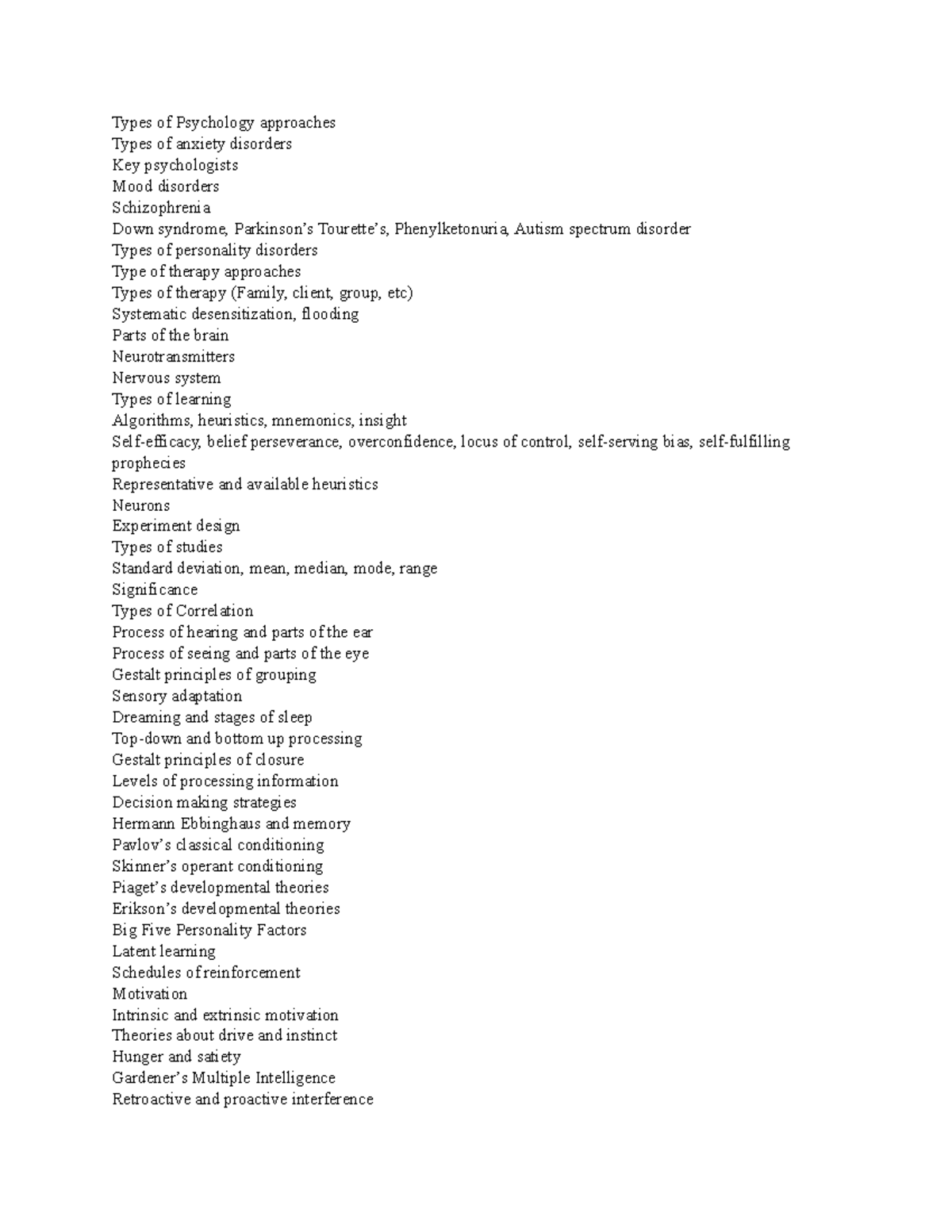 AP Psychology Spring Final Study Guide - Types of Psychology approaches ...