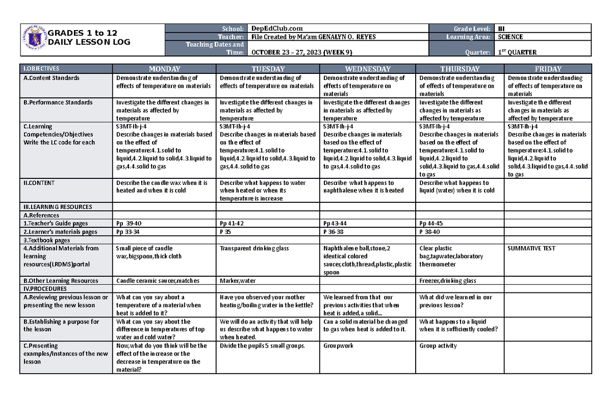 DLL Science 3 Q1 W9 - DLL - GRADES 1 to 12 DAILY LESSON LOG School ...